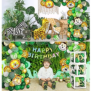 Amandir Wild One Birthday Decorations Balloon Boxes, Animal Print Green Gold Balloon Garland Arch Kit Number1 Artificial Leaves for Safari Jungle Theme First 1st Birthday Party Supplies Kids Boy Girl
