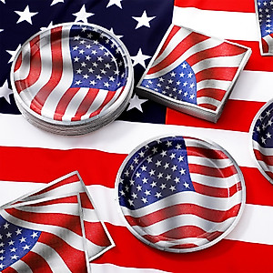 Mumufy 100 Pcs American Flag Patriotic Plates and Napkins 4th of July Party Supplies July 4th Disposable Paper Plates Napkins for Veterans Day Independence Day Decoration, Serves 50(Vivid)