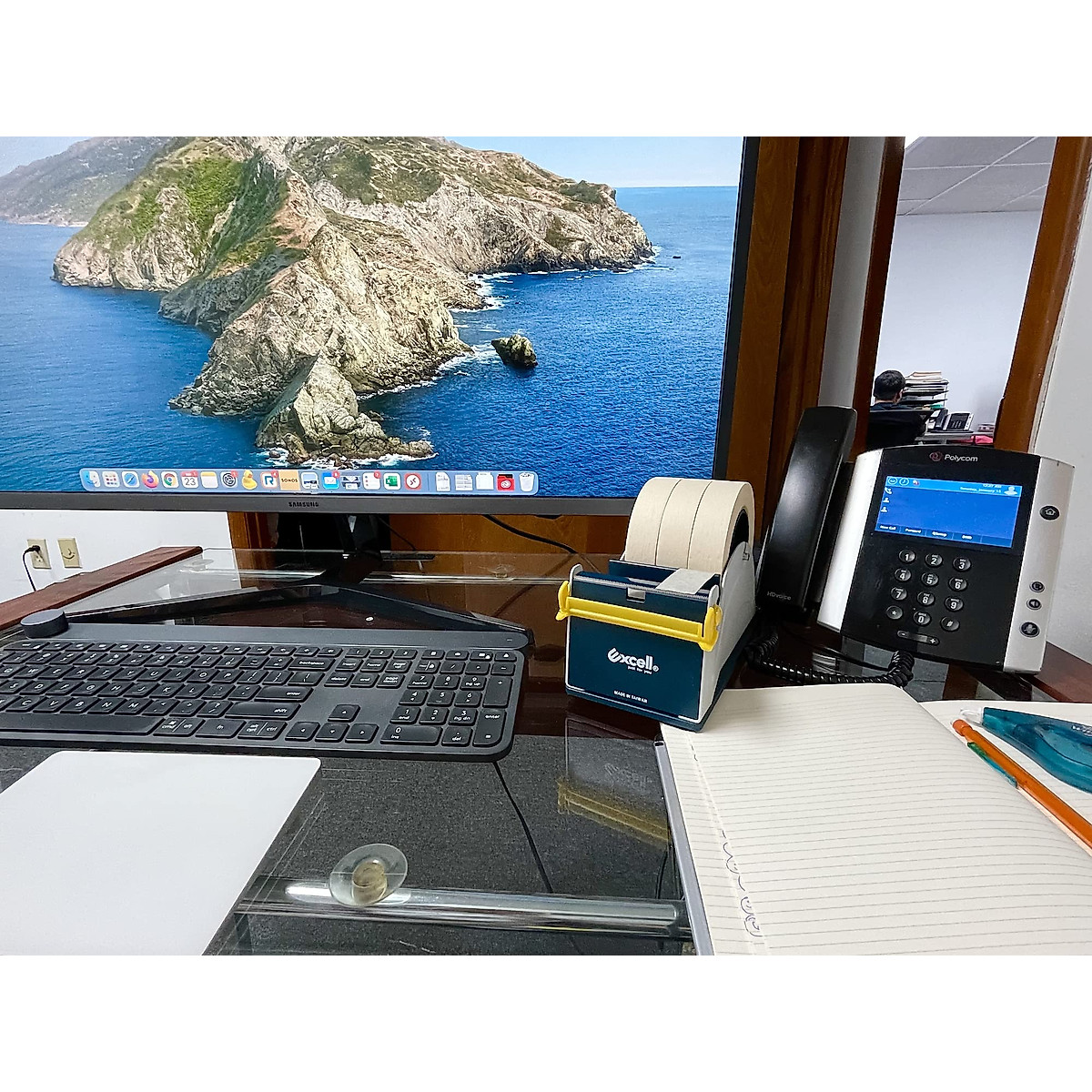 WOD TTD3SD Tabletop Multi-Roll Steel Desktop Tape Dispenser, Blue & Gray - Fits Tape up to 3 inch Wide, Holds 3 inch core, Weighted Rubber Base for Stability