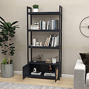 Modern Bookshelf and Bookcase, Freestanding Bookcase with 4 Tiers Open Storage Shelves Wooden Book Shelf Organizer with 2 Rattan Doors Cabinet for Living Room, Home Office, Bedroom, Washroom, Black