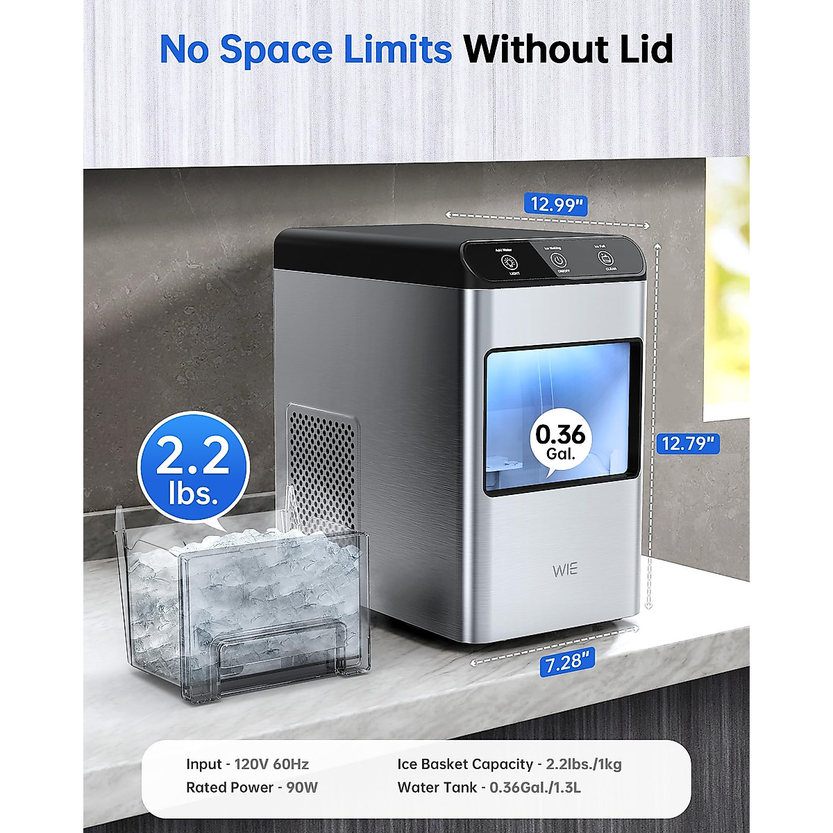 WIE Nugget Countertop Ice Maker, 37lbs/24H Soft Chewable Pebble Portable Ice Machine, One-Click Self-Cleaning Sonic Ice,for Home Kitchen Office, LED Night Light Ice Basket/Ice Scoop Stainless Steel