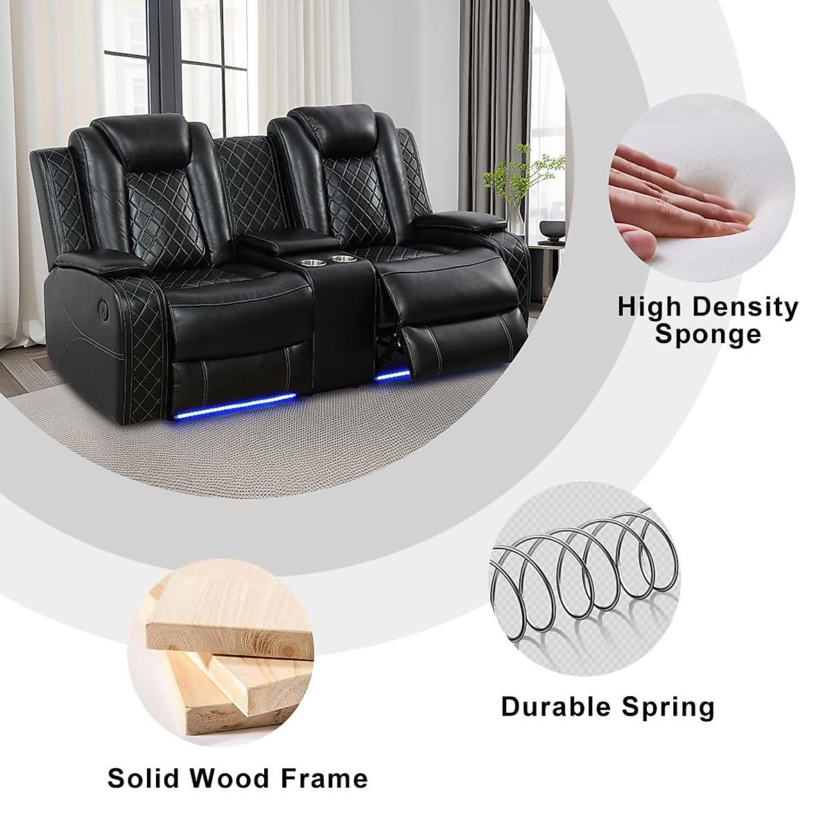 Dekmxas Living Room Sofa Set Black Breathing Leather Sofa Living Room Furniture Power Recliner Manual Adjustable Loveseat with Cup Holders/Storage Console/LED Light for Living Room, Office, Rv Car