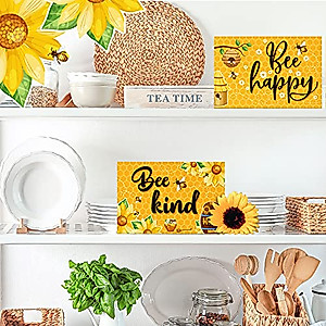 Jetec 2 Pieces Bee Happy Wood Sign Bee Kind Wood Decor Bee Sign Rustic Wooden Wall Decor Bee Wooden Sign Farmhouse Bee Box Signs Bee Happy Wooden Plaque for Home Party Door Decoration