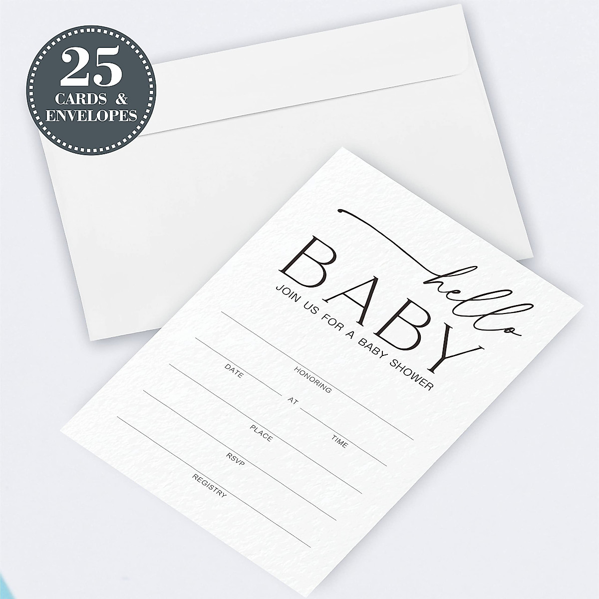 Set of 25 Baby Shower Invitations with Envelopes, Diaper Raffle Tickets and Baby Shower Book Request Cards, Minimalist Hello Baby, Modern Black and White Theme Theme Gender Reveal Party(YQKTZ-A10)