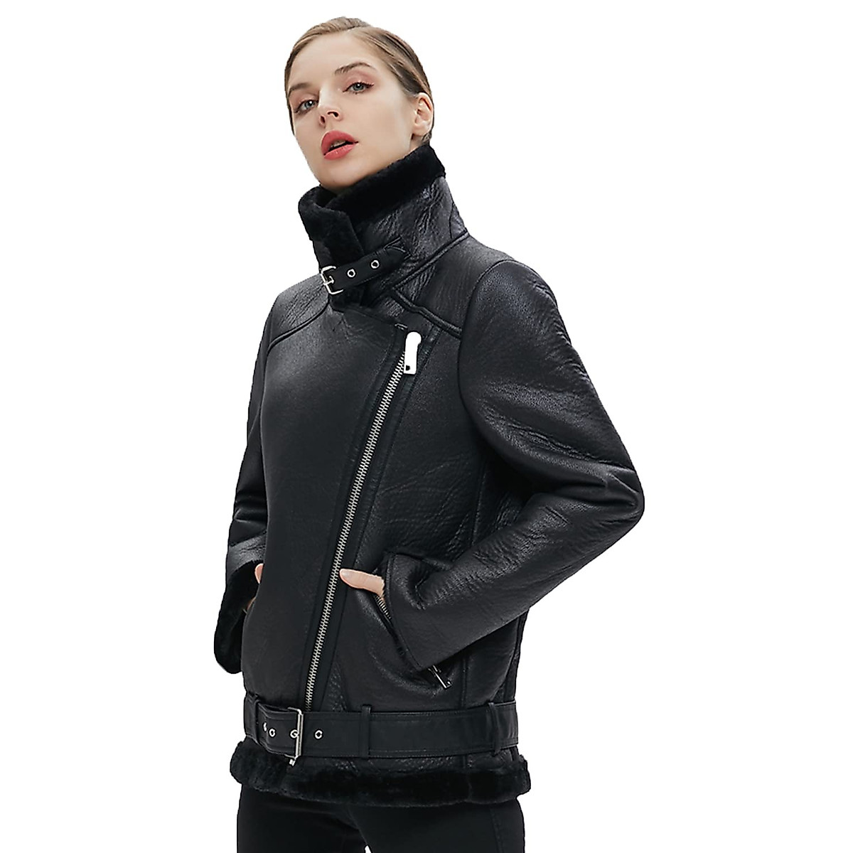 LY VAREY LIN Women's Faux Shearing Leather Jacket Warm Thickness Moto Coat Winter Shearling Coat Lined Parka (XL Black)