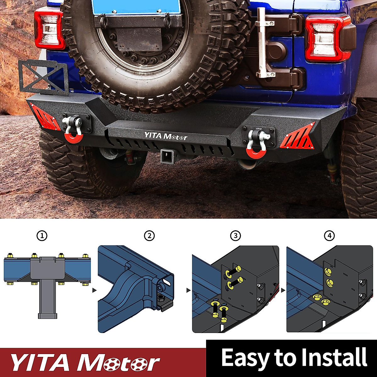 YITAMOTOR Rear Bumper Compatible with 2018-2025 Jeep Wrangler JL & JL Unlimited (2/4 Doors), w/ 2" Hitch Receiver & 2 x D-Rings & License Plate Bracket