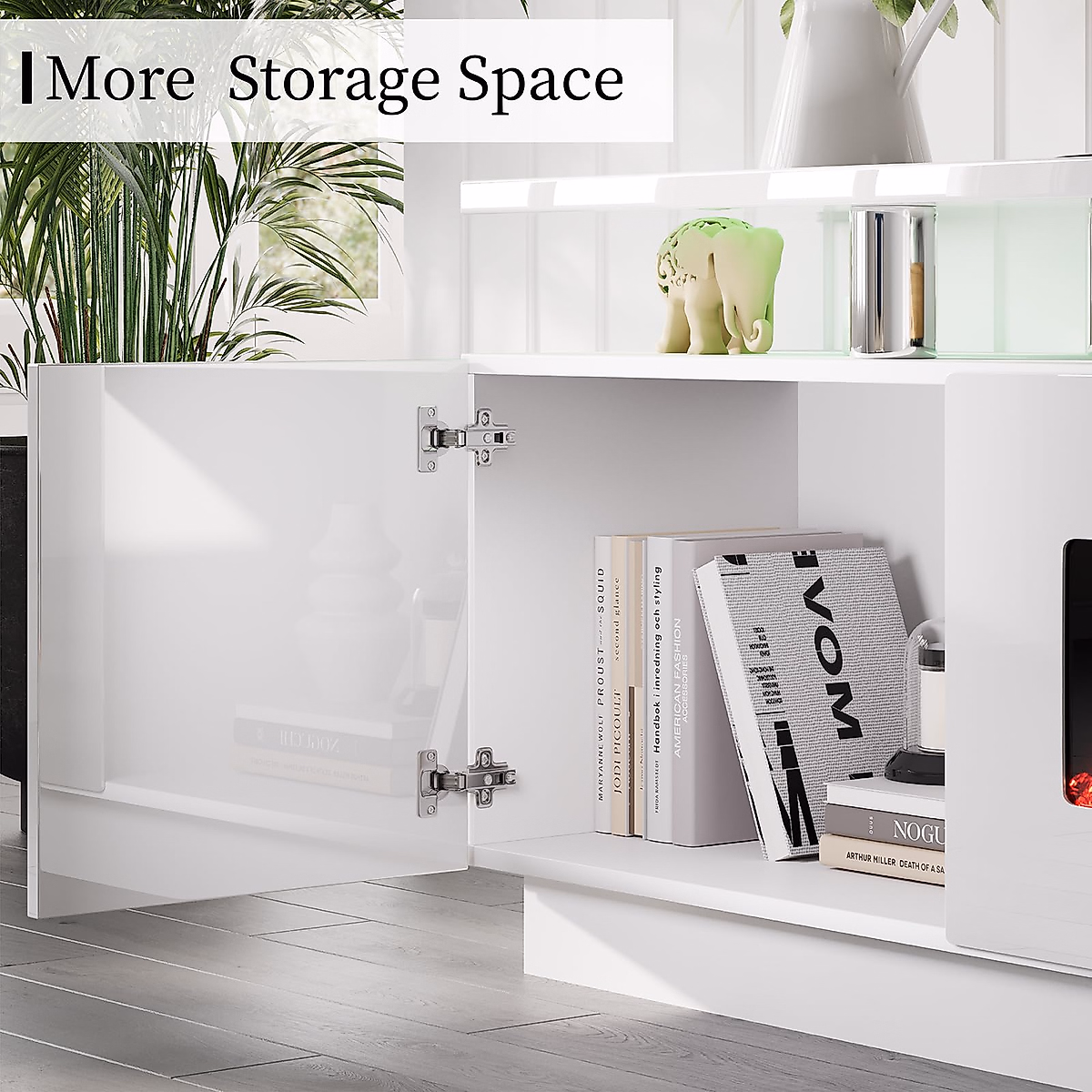 AMERLIFE Fireplace TV Stand with 40" Fireplace, 80" Modern High Gloss Fireplace Entertainment Center LED Lights, 2 Tier TV Console Cabinet for TVs Up to 90", White & White