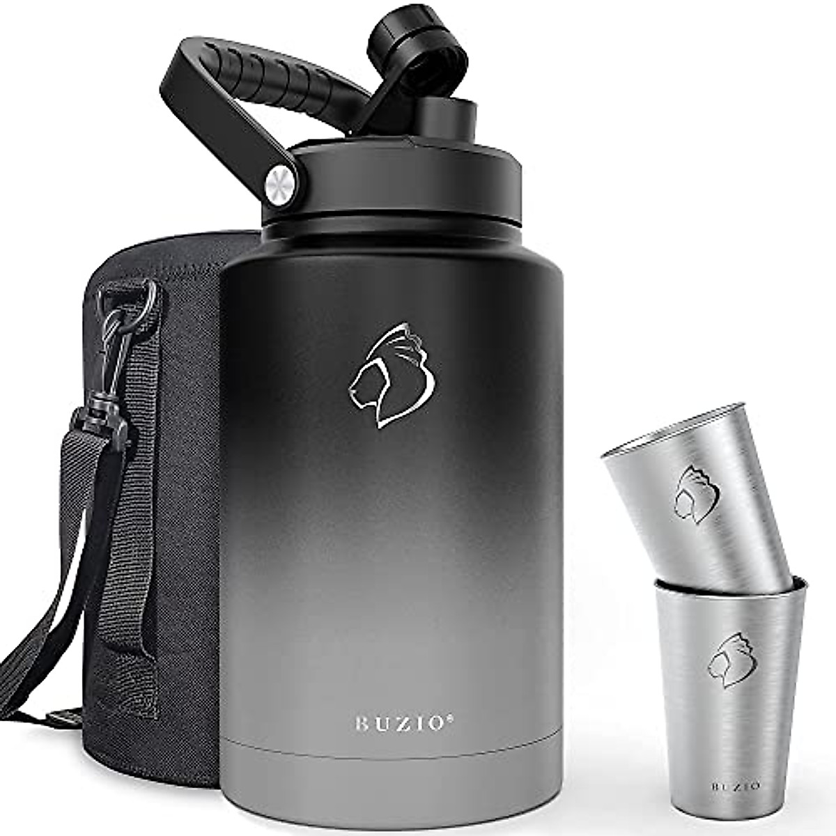 BUZIO One Gallon Vacuum Insulated Jug, Insulated Beer Growler, 18/8 Food-Grade Stainless Steel 128oz Water Bottle Comes with Two Carrying pouch Two Stainless Steel Cups Thermo Canteen Mug,Graphite