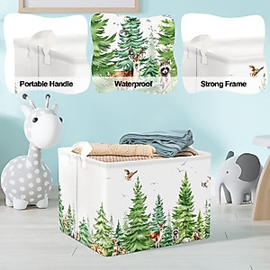 Clastyle Large Watercolor Pine Tree Animal Storage Basket Rectangle Deer Owl Woodland Nursery Decor Basket Hedgehog Raccoon Clothes Toy Book Shelf Basket Baby Nursery Bedroom Living Room Bin