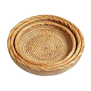 Rattan Round Serving Tray, Hand-Woven Wicker Circular Tray Tabletop Decor, Used to Decorate Storage Bread, Fruit, Vegetables, Breakfast Snacks, Small