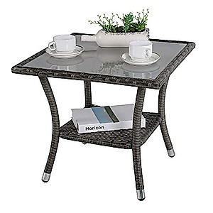 Verano Garden Outdoor Side Table, 20" Square Wicker End Table, Tempered Glass Top Coffee Table with Storage, Aluminum Frame-Gray