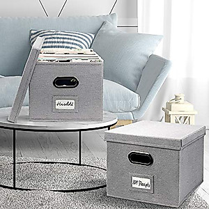 Decorative File Box Organizer Set of 2 - Collapsible Linen File Cabinet for Easy File Folder Storage - Store All Your Documents and File Folders in Style