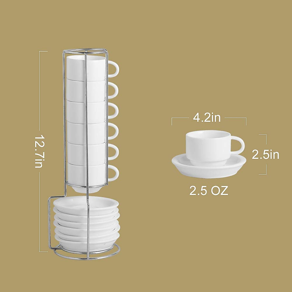 SWEEJAR Porcelain Espresso Cup & Saucer Set, Stackable Demitasse Cups with Metal Stand, 2.5 OZ for Latte,Coffee,Cafe Mocha,Tea, Set of 6(Multi)