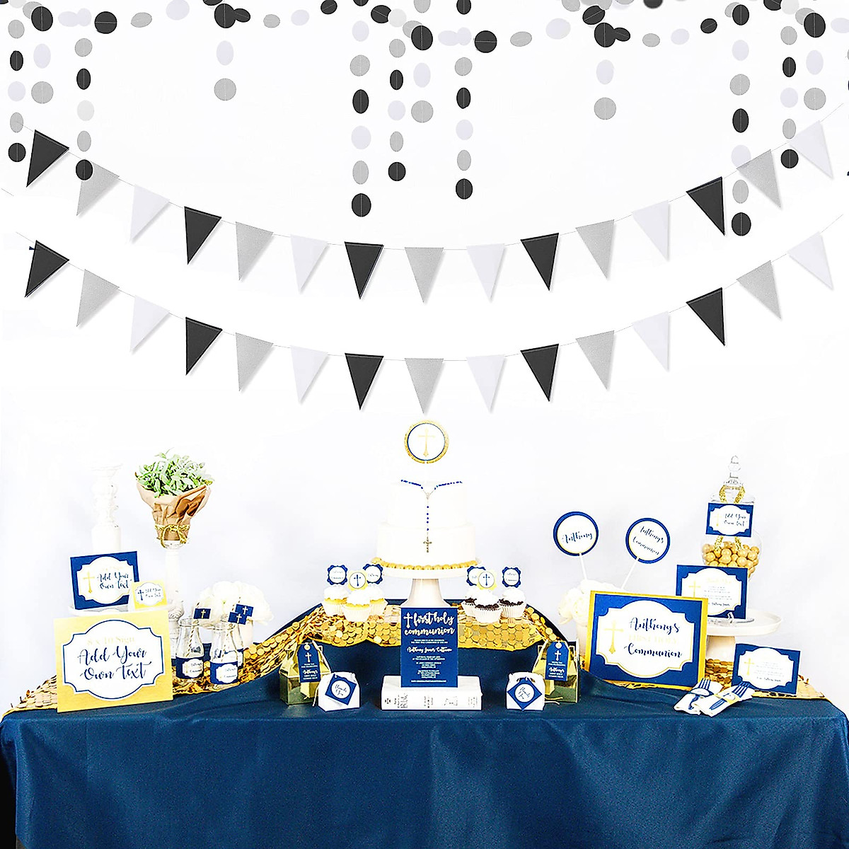 Black White Silver Pennant Banner,2 Pack Glitter Sprinkles Paper Triangle Flags, Birthday Graduation 2023 Fathers Day Wedding Baby Shower Party Decorations Bunting Lasting Surprise