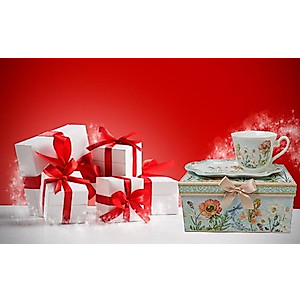 Lightahead® New Bone China Unique Tea Coffee Cup 10 oz and Snack Saucer Set in a Reusable Handmade Gift Box with Ribbon elegant floral design in attractive gift box