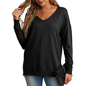 GRECERELLE Women's V-Neck Long Sleeve Side Split Loose Casual Knit Pullover Sweater Blouse Black-Medium