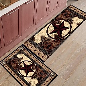Independence Day 2 Pieces Kitchen Rug Mat Set Retro Star Map Absorbent Soft Runner Carpets Country Pentagram Border Nostalgic Classic Non Slip Doormat Floor Mats Throw Runner Rug for Living Room