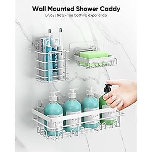 POKIPO Shower Caddy 5 Pack, Adhesive Shower Organizer with Soap Dishes & Toothbrush Holder & 20 Hooks, Large Rustproof Stainless Steel Bathroom Shower Shelf for Inside Shower Storage Decor, White