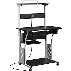 Topeakmart Rolling Computer Desk with Charging Station and 2 USB Ports for Small Space, Study Writing Desk with Keyboard Tray and Printer Shelf for Home Office, Compact Study Table with Wheels, Black