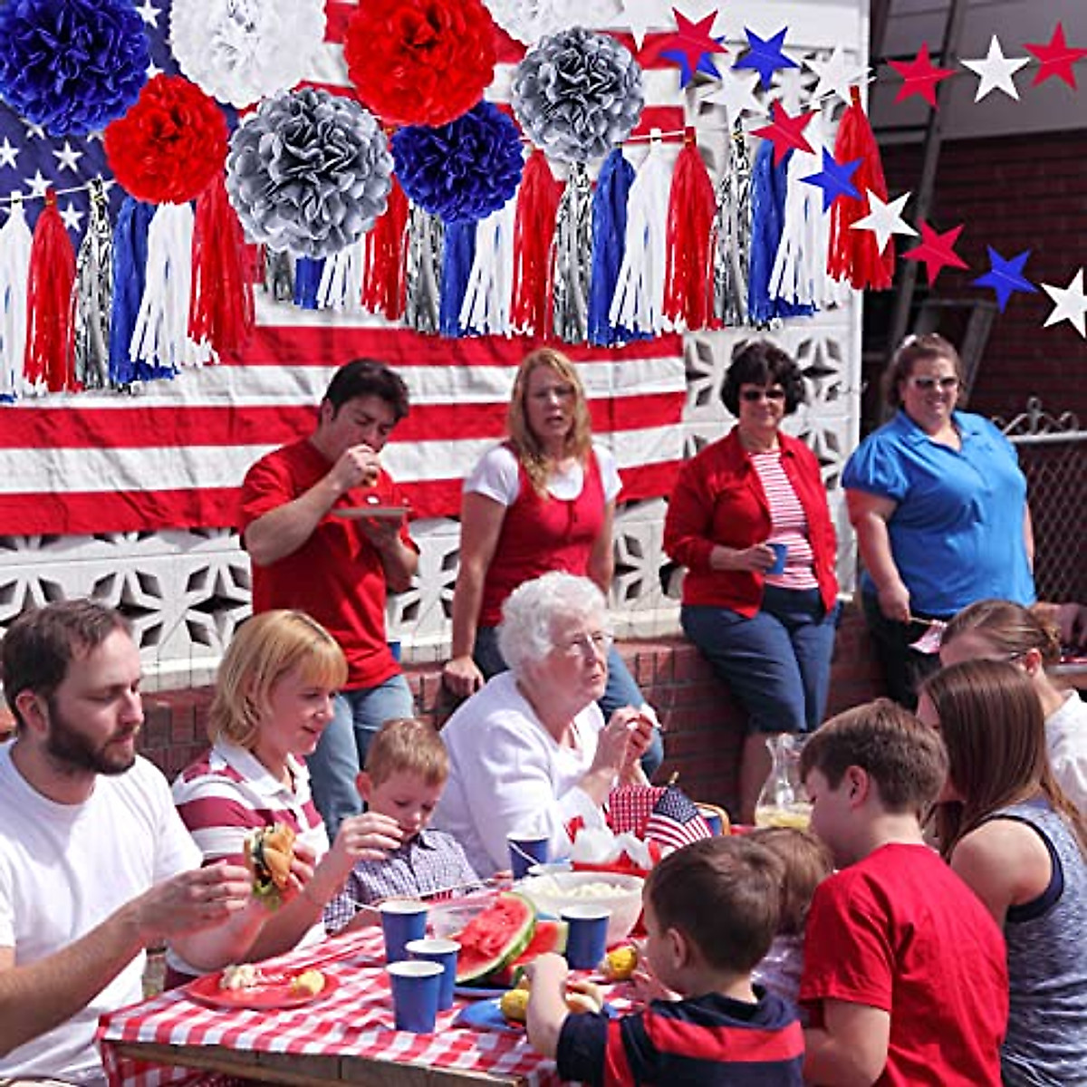 30PCS 4th of July Patriotic Party Decorations Tissue Paper Pom Poms Flowers Blue Red Silver Tassels Garland Star Streamers Memorial Independence Day Party Supplies