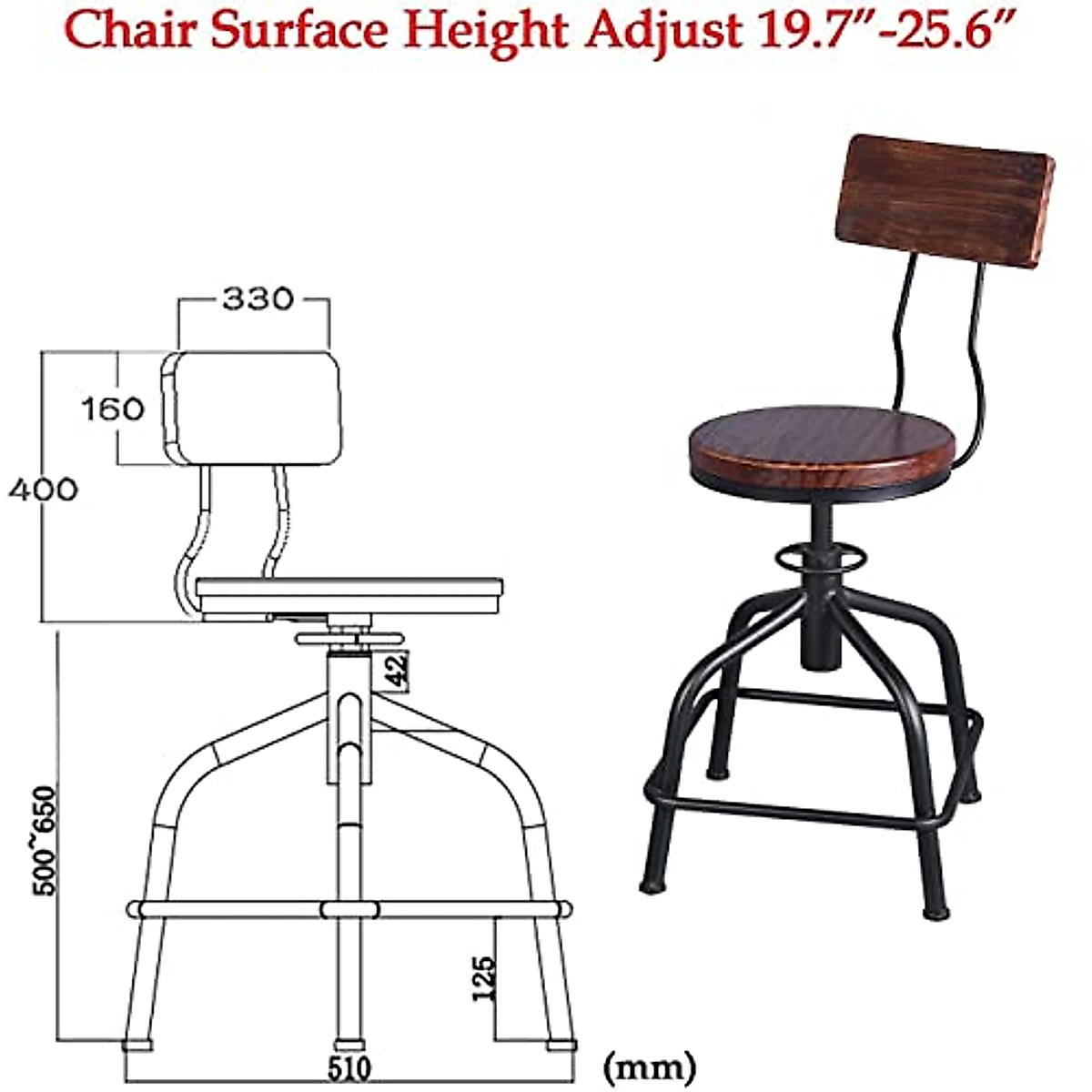 Topower Farmhouse Kitchen Stool, Industrial Counter Stool, Kitchen Deco Round Seat Standard Height Adjustable Swivel Bar Stools with Backrest Indoor House Design Wood Backrest Black Set of 2