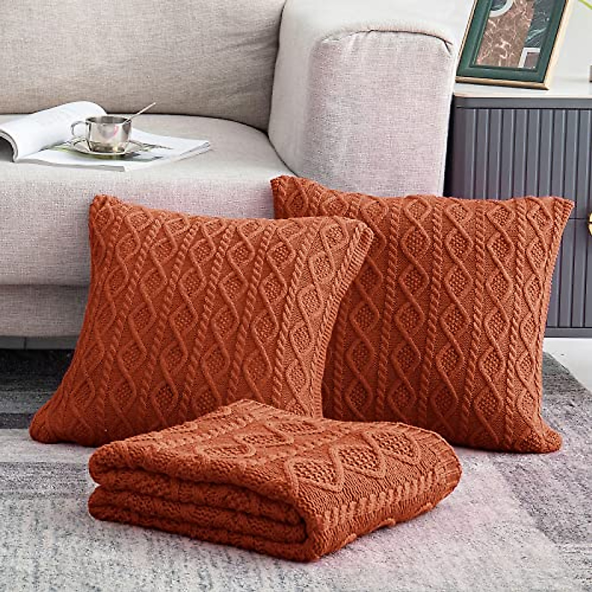 Homiest Cable Knit Throw Blanket and Pillow Set, Rust Throw Blanket Set of 3, Knitted Throw Blanket (50"x60") & 2 Pillow Covers (18"x18"), Soft & Cozy Decorative Throw Blanket for Couch Bed Sofa