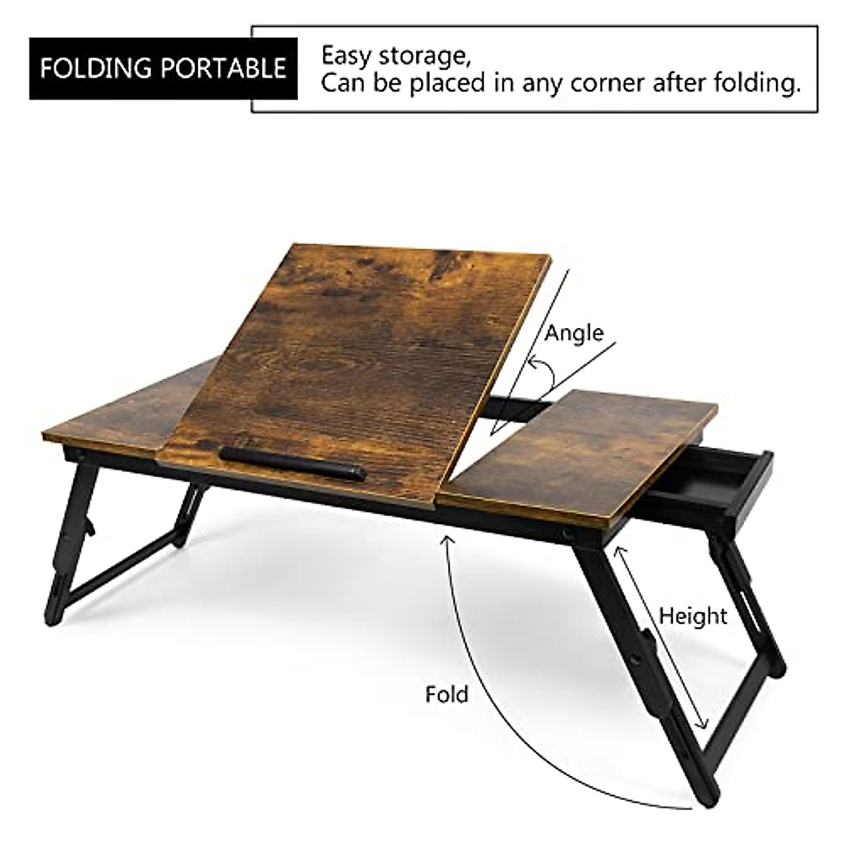 JMLHMXC Bamboo Laptop Desk Bed Tray Table Adjustable Table for Computer Tilting Top Foldable Leg with Drawer