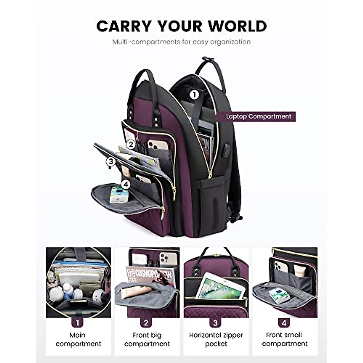 LOVEVOOK Laptop Backpack Purse for Women, 17" Laptop Bag with USB Port, Water Resistant Lightweight Daypacks for College Travel Work Business, Nurse Teacher Computer Bags, Purple Black