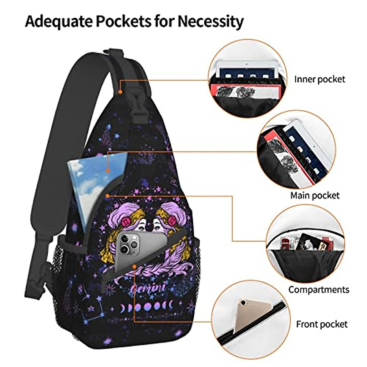 Gemini Constellation Sling Bag Chest Bag Zodiac Sign Crossbody Bags For Men Women