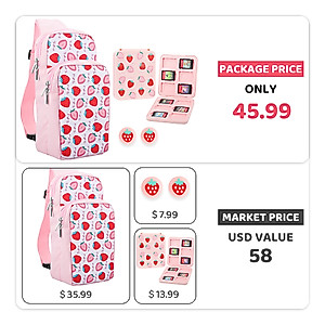 GLDRAM Pink Strawberry Travel Bag for Nintendo Switch/OLED/Lite, Cute Carrying Case Portable Sling Shoulder Bag Accessories Bundle for Switch with Game Card Case Holder & 2 Thumb Grip Caps for Girls