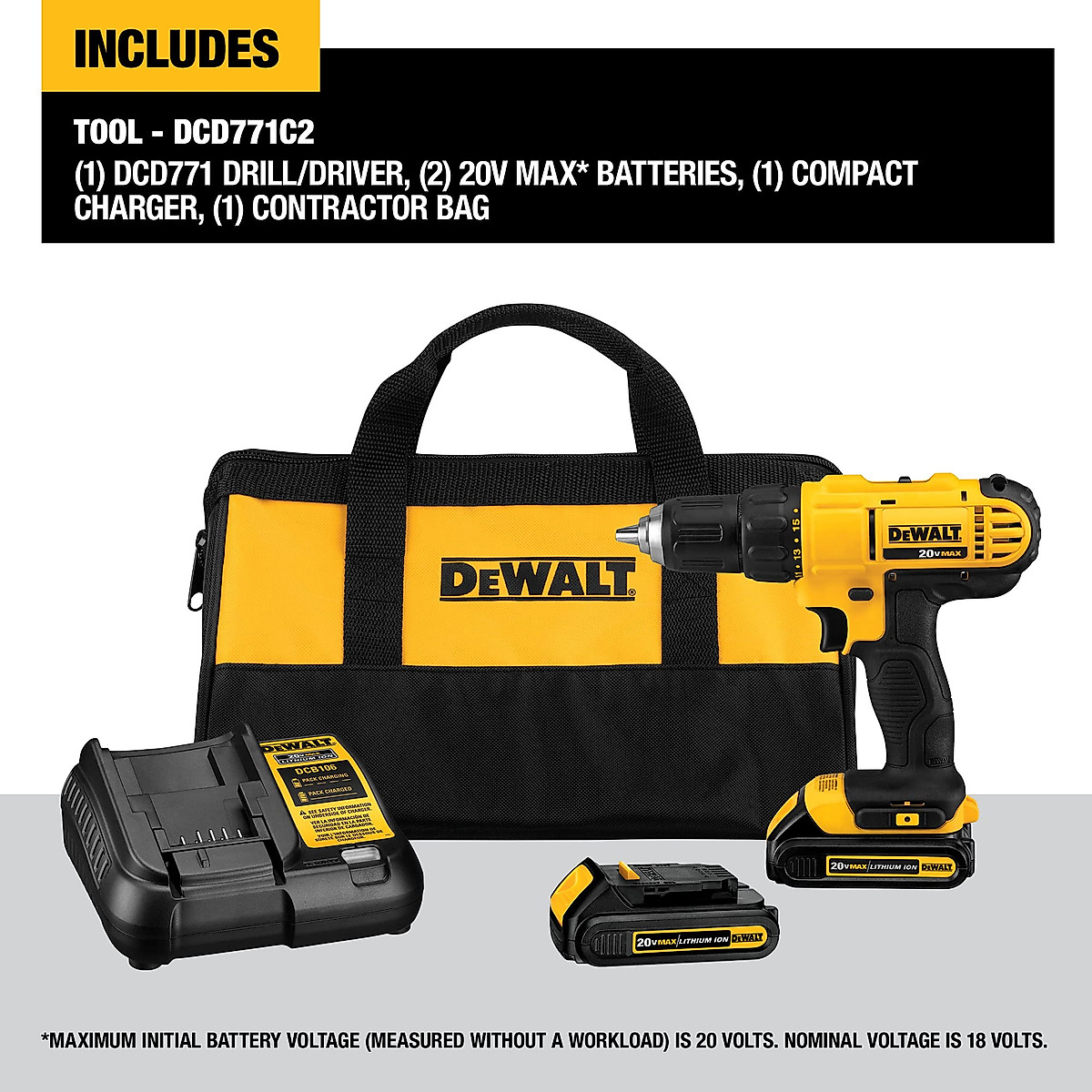 DEWALT 20V Max Cordless Drill/Driver Kit, Compact (DCD771C2) and 13-Piece Black Oxide Drill Bit Set with Pilot Point
