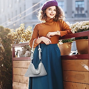 CORIOS Women Rhinestones Evening Bag Crystal Clutch Bag Sparkly Sequin Glitter Handbag Wedding Purse Bling Hobo Bag Banquet Bag Underarm Shoulder Bag for Wedding Prom Cocktail Party Silver