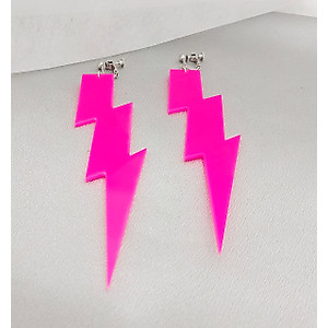 80s Neon Earrings Acrylic Exaggerated Women Lightning Bolt Clip on Earrings Non Pierced Earrings Halloween Jewelry 80's Party (rose red)