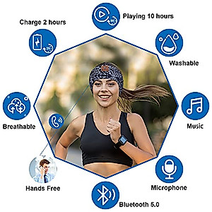 BULYPAZY Sleep Headphones Bluetooth Headband, Soft Wireless Bluetooth Headband Headphones Perfect for Side Sleeper, Boho Headband with HD Speakers for Workout, Running, Yoga, Meditation, Gift(Blue)