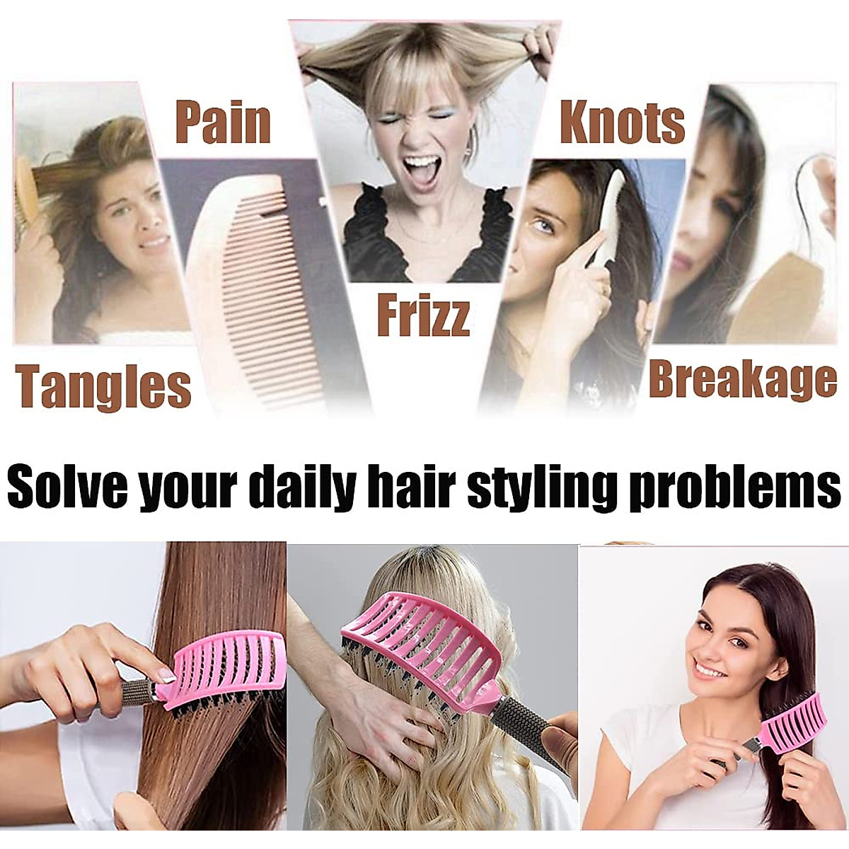 Vented Curved Boar Bristle Hair Brush Paddle Brush for Blow Drying, Anti-frizz Detangling Brush Styling Hairbrush Comb for Curly Fine Wavy Natural Tangled Hair, Wet or Dry Use