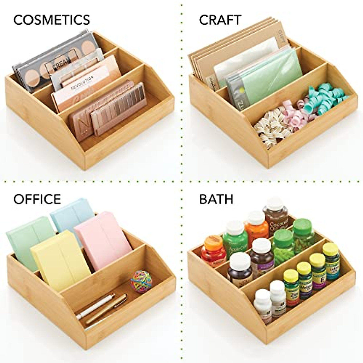 mDesign Wide Bamboo Wood Food Storage Bin with Divided 3 Compartments and Sloped Front for Kitchen Cabinet, Pantry, Shelf to Organize Seasoning Packets, Powder Mixes, Spices, Snacks - Natural