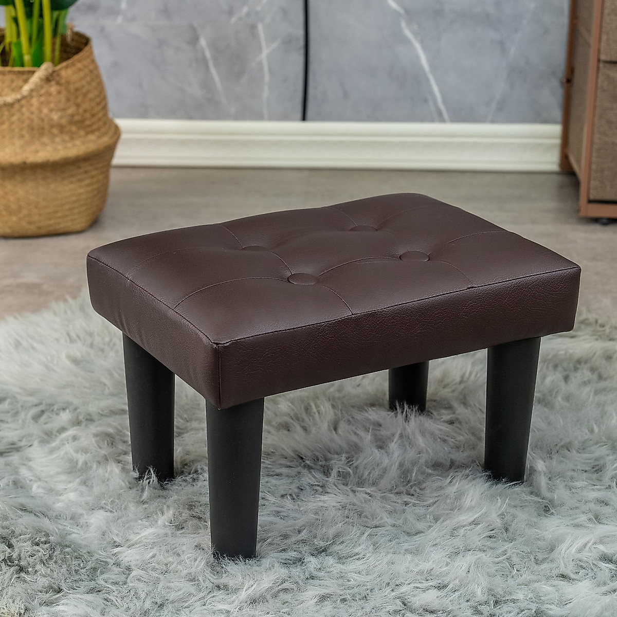 CAROLMADE 15” Ottoman Foot Rest, PVC Small Ottoman Foot Stool with Legs Modern Footstool Ottomans for Living Room Entryway Office, Brown
