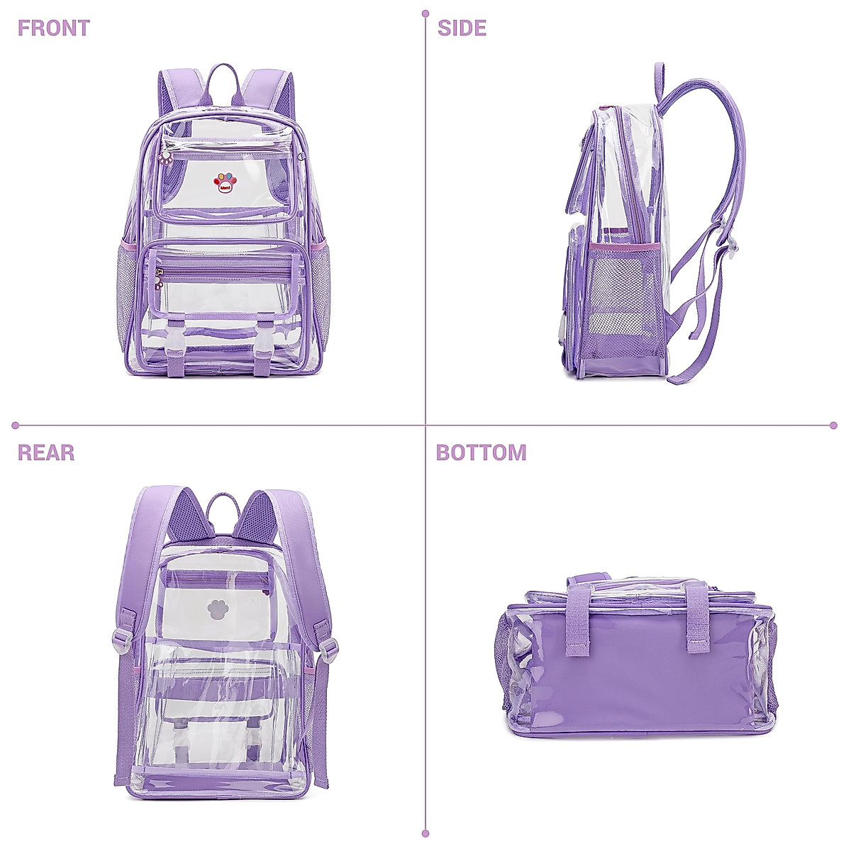Maod Clear Backpack Stadium Approved Heavy Duty for School Women Men Large PVC Transparent Bookbags with Adjustable Shoulders (Purple)