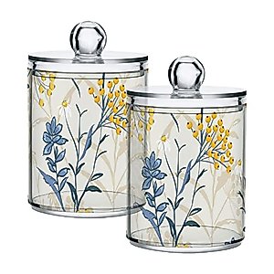 WELLDAY Apothecary Jars Bathroom Storage Organizer with Lid - 14 oz Qtip Holder Storage Canister, Beige Yellow Flowers Clear Plastic Jar for Cotton Swab, Cotton Ball, Floss Picks, Makeup Sponges,Hair