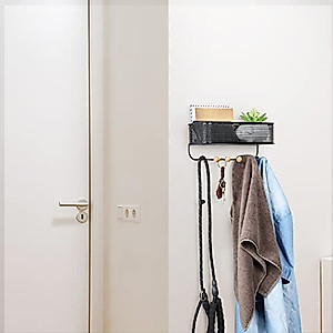 Mail Organizer Wall Mount Key and Mail Holder for Wall Decorative with 5 Key Hooks Mail and Key Rack Hanger Metal Wire Mesh Storage Basket for Entryway Letters Magazine Bills Leashes Coat - Black