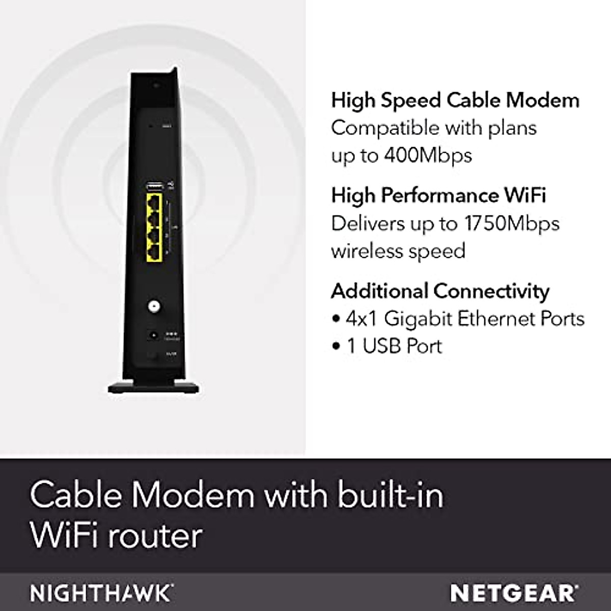 NETGEAR Cable Modem WiFi Router Combo C6300 | Compatible with Providers Xfinity by Comcast, Spectrum, Cox | Plans Up to 400Mbps | AC1750 WiFi Speed | DOCSIS 3.0.