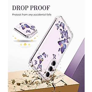 GVIEWIN Compatible with Samsung Galaxy S23 Plus Case with Screen Protector+Camera Lens Protector, Slim Shockproof Clear Floral Pattern Phone Protective Cover for Women 6.6" (Alluring Butterfly/Purple)
