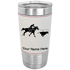 LaserGram 20oz Vacuum Insulated Tumbler Mug, Cowgirl Roping a Calf, Personalized Engraving Included (Faux Leather, Baseball Style)