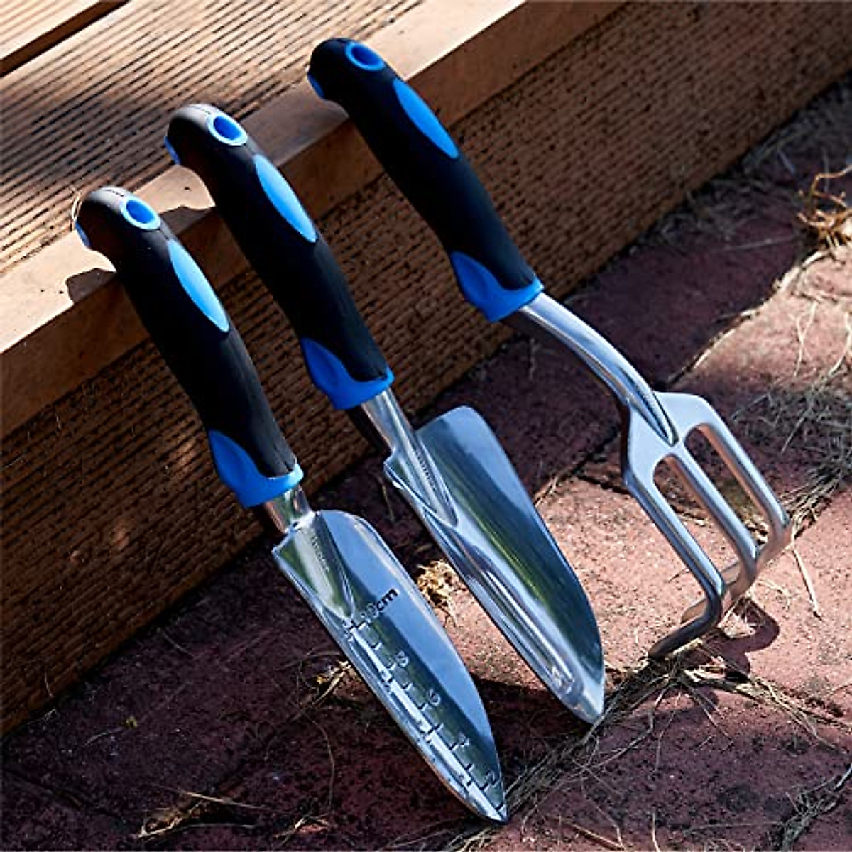 Sinoer Garden Tool Set, 3Piece Heavy Duty Cast-Aluminum Gardening Hand Tool Includes Hand Trowel, Transplant Trowel and Cultivator Hand Rake with Soft Rubberized Non-Slip Ergonomic Handle - Blue