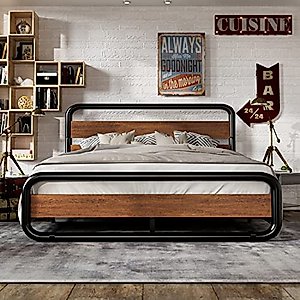 IMUsee Queen Size Metal Bed Frame with Round/Curved Wooden Headboard and Footboard, Platform Bed Frame with Under Bed Storage, Strong Metal Slat Support, No Box Spring Needed, Modern, Walnut