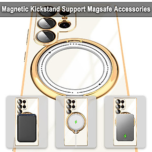 Dinick for Samsung Galaxy S22 Ultra Case with Magnetic Ring Holder [Compatible with Magsafe] [Built-in Camera Lens Protector] Glitter Electroplated Gold Sides Case for Galaxy S22 Ultra White