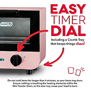 DASH Mini Toaster Oven Cooker for Bread, Bagels, Cookies, Pizza, Paninis & More with Baking Tray, Rack, Auto Shut Off Feature - Pink