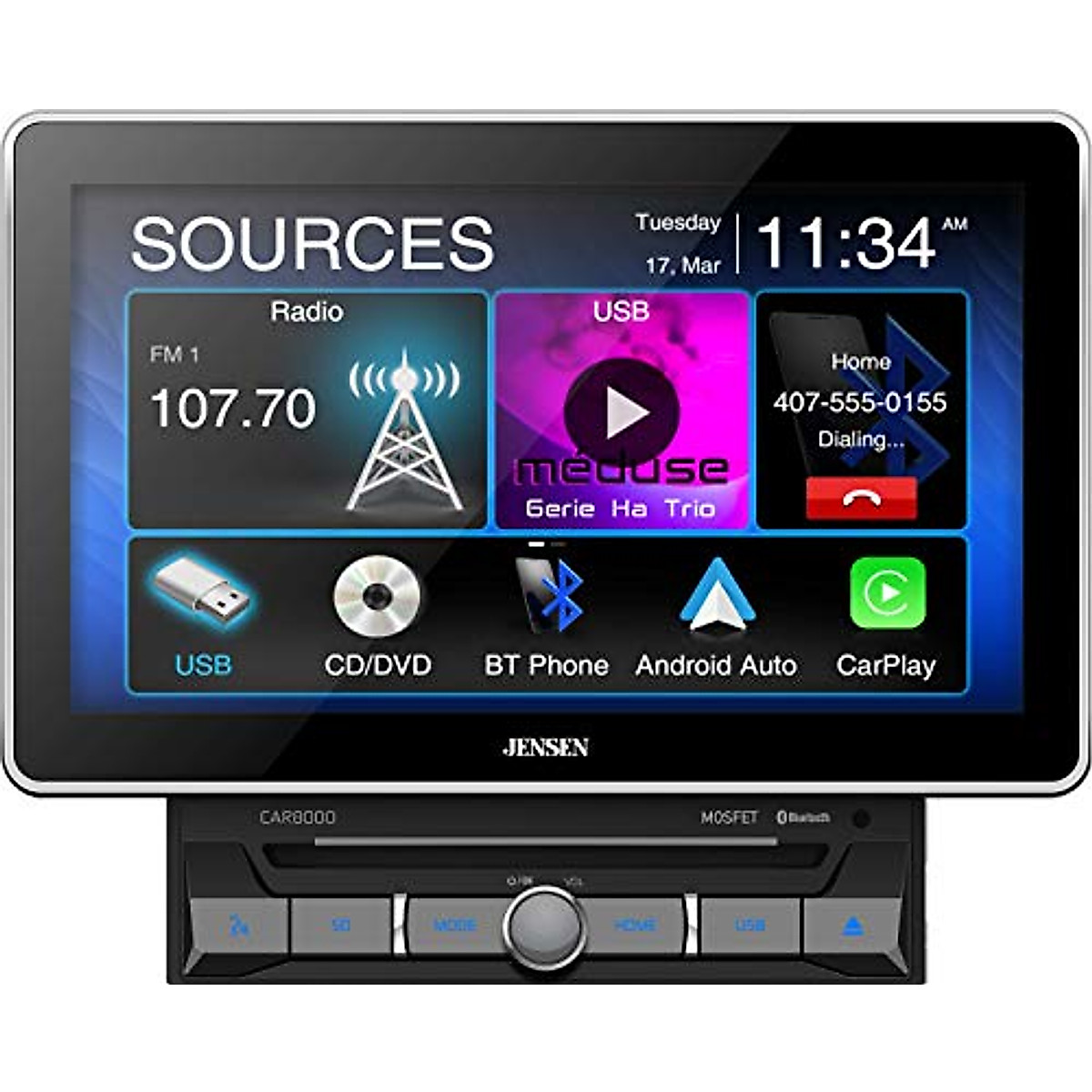 Jensen CAR8000 10.1" Extra Large Touchscreen CD/DVD Multimedia Receiver with Apple CarPlay and Android Auto l MP4 Video Playback l Built-in Bluetooth with A2DP Music Streaming and Phonebook Support