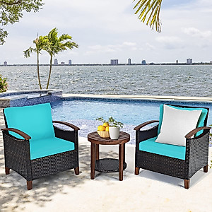 Tangkula 3 Pieces Patio Furniture Set, Outdoor Rattan Sofa and Side Table w/Solid Acacia Wood Frame, High Load Bearing Conversation Bistro Set w/Washable and Removable Cushions (Turquoise)