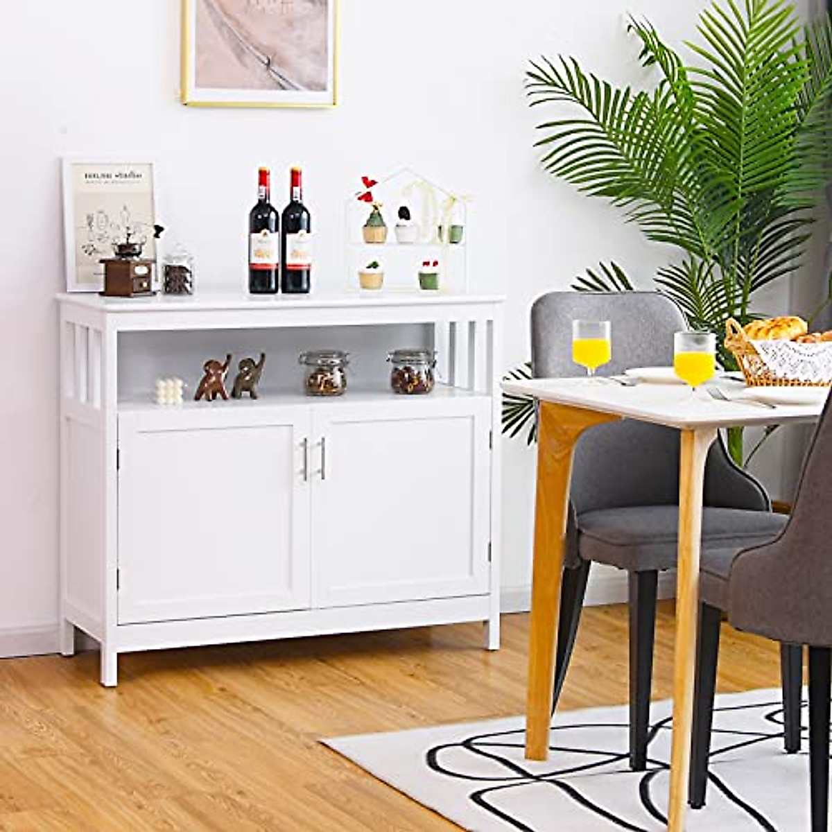 Giantex Kitchen Buffet Sideboard, Wooden Storage Server Cupboard Cabinet, Dining Room Living Room Bar Furniture 2-Door Console Table w/ 5-Position Adjustable Shelf & Open Shelf Drawer Cabinets (White)